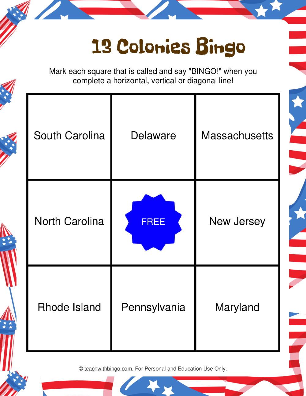 🦃 13 Colonies Bingo Printable Bingo Cards | TeachwithBingo.com
