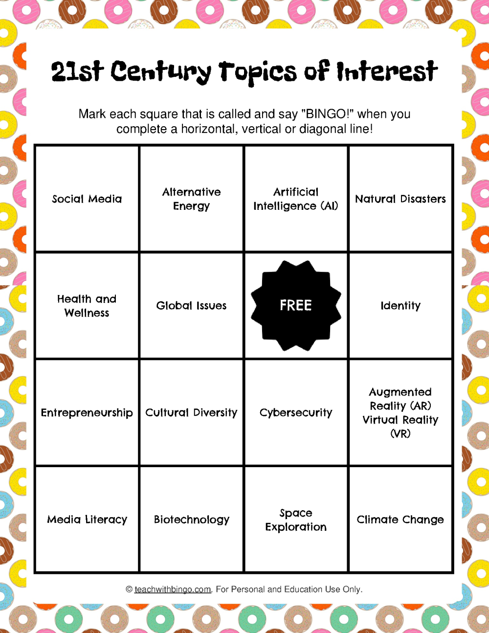 21st Century Topics of Interest Printable Bingo Cards | TeachwithBingo.com