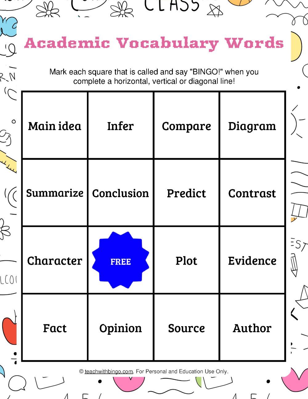 Academic Vocabulary Words Printable Bingo Cards | TeachwithBingo.com
