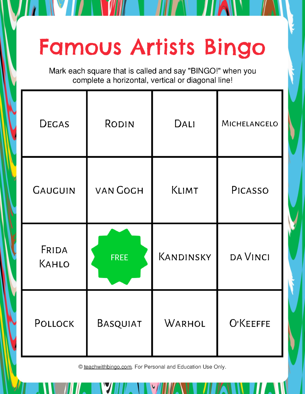 Famous Artists Bingo Printable Bingo Cards | TeachwithBingo.com