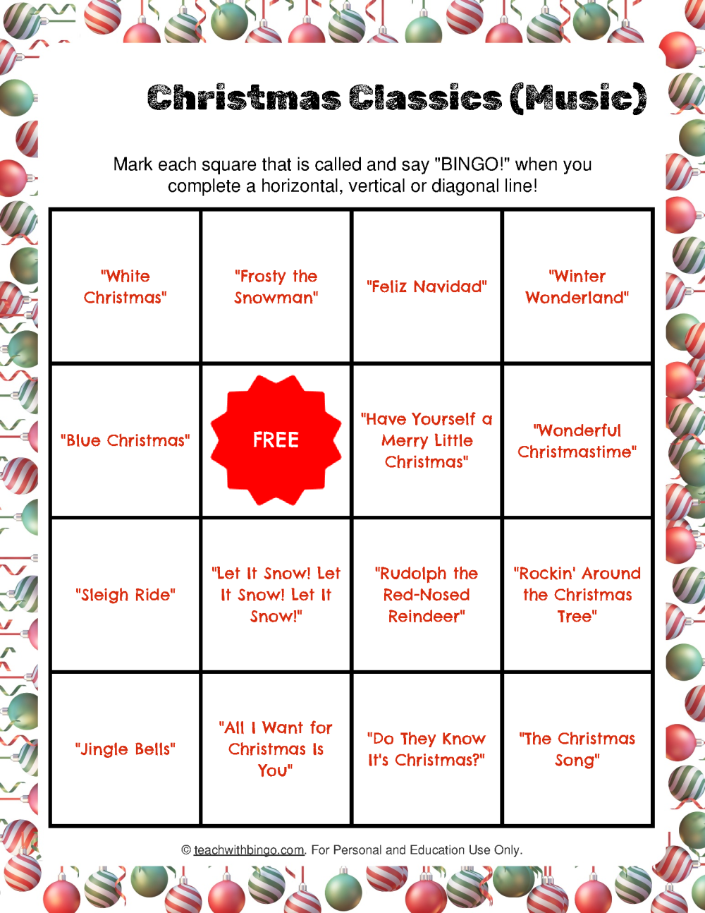 🎄🎼Christmas Classics (Music) Printable Bingo Cards | TeachwithBingo.com