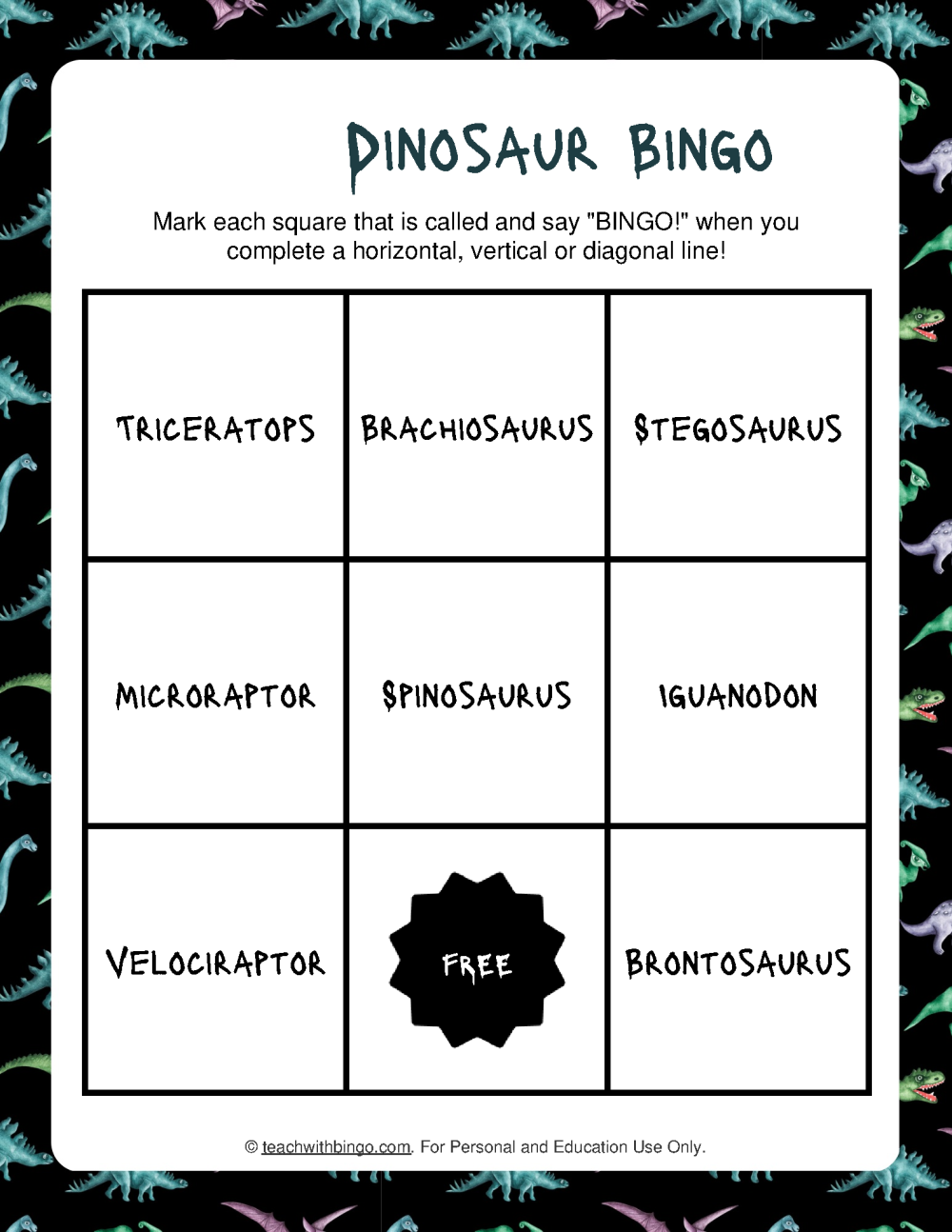 🦖🦕Dinosaur Bingo Printable Bingo Cards | TeachwithBingo.com