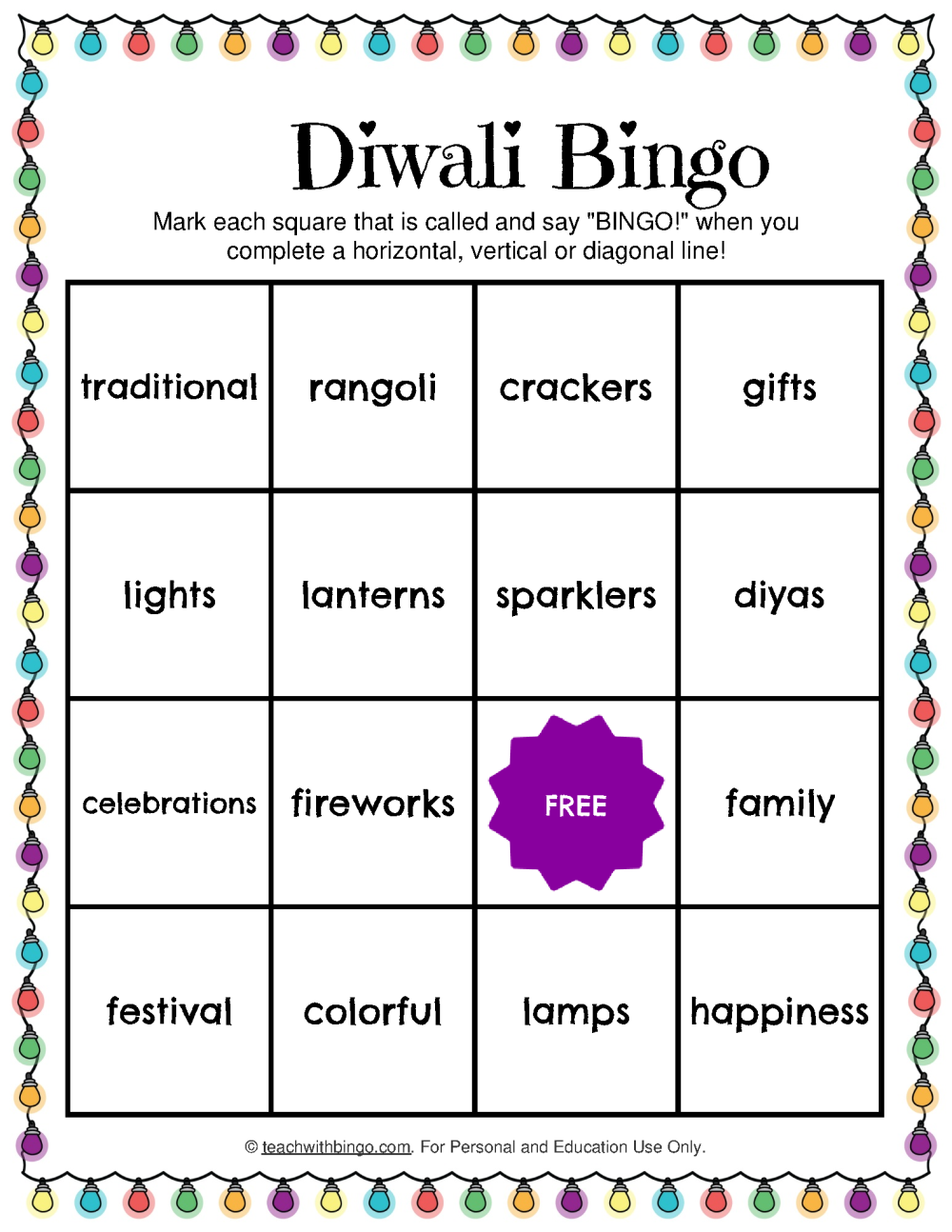 Diwali Bingo Printable Bingo Cards | TeachwithBingo.com