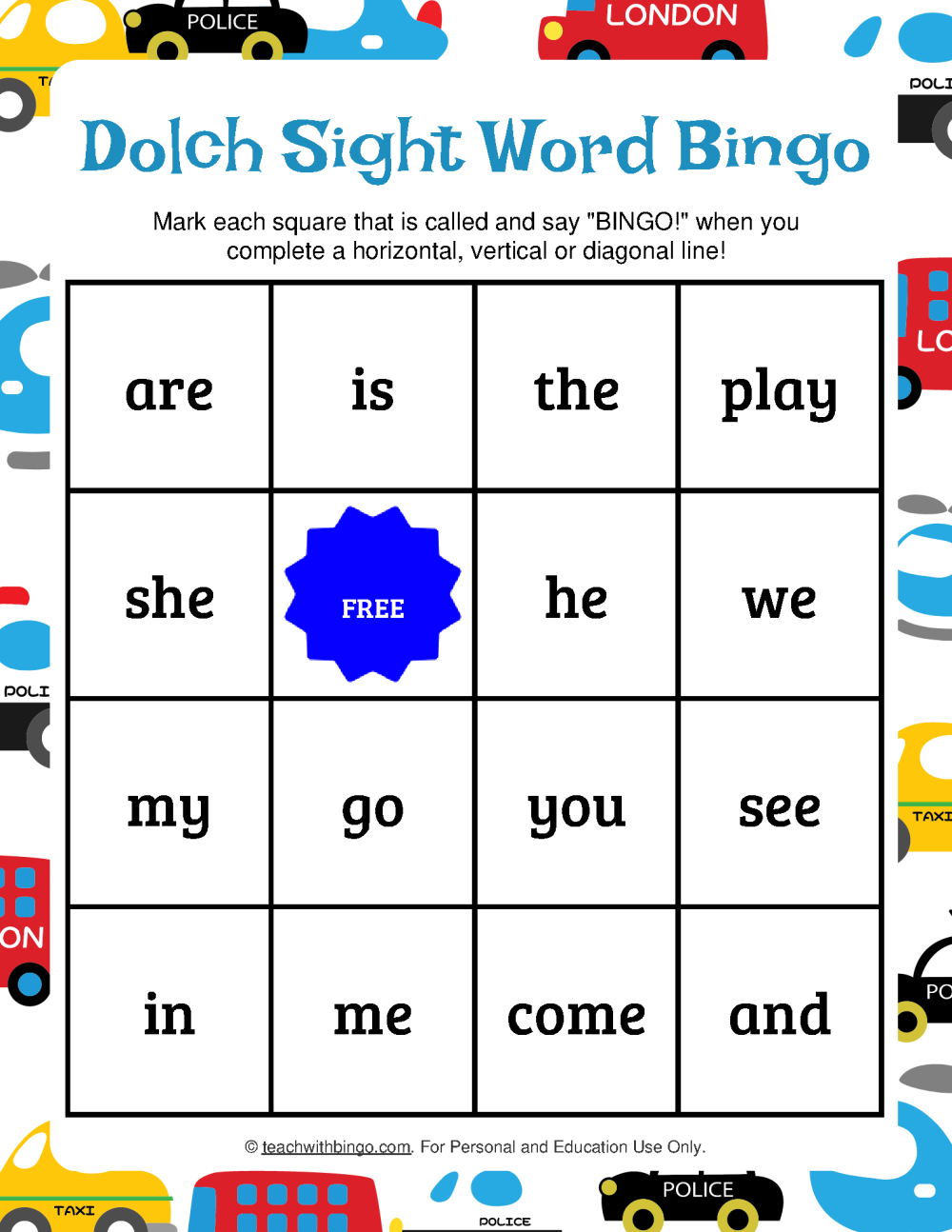 Dolch Sight Word Bingo Printable Bingo Cards | TeachwithBingo.com