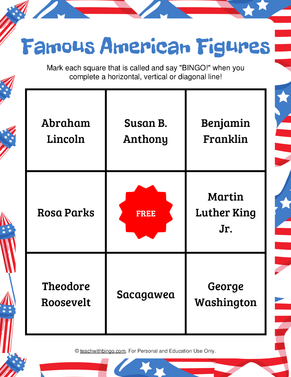 Famous American Figures Printable Bingo Cards | TeachwithBingo.com