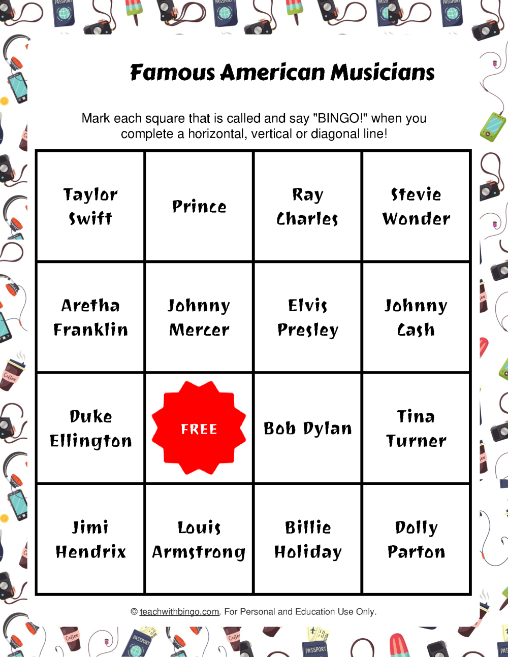 🎧🎙️Famous American Musicians Printable Bingo Cards | TeachwithBingo.com