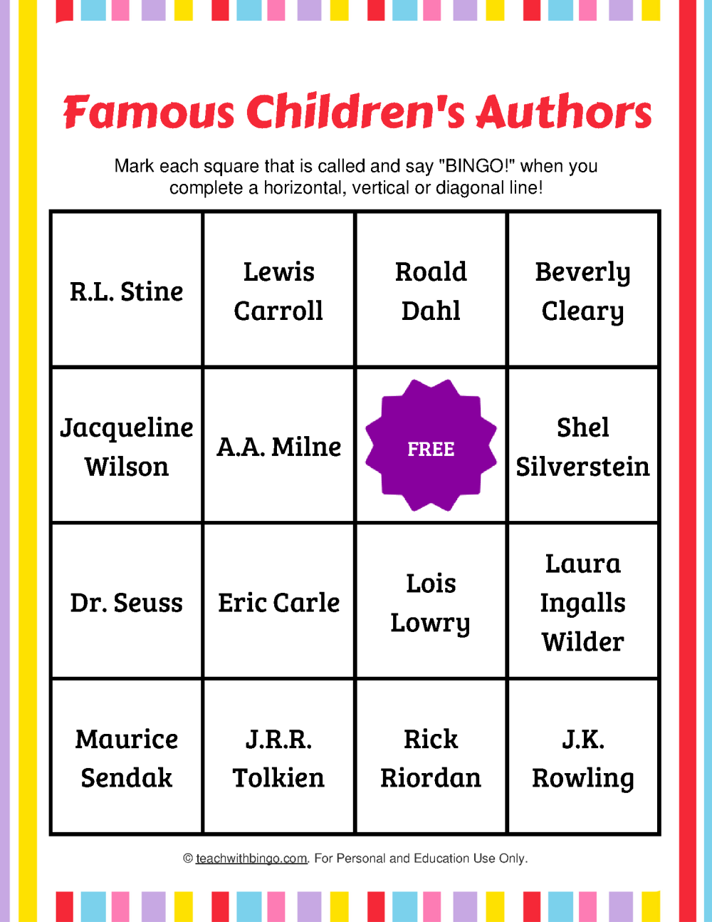 Famous Children's Authors Printable Bingo Cards | TeachwithBingo.com