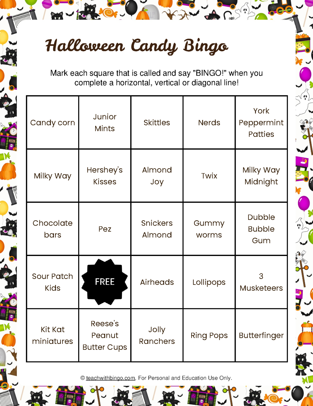 Halloween Candy Bingo 🍫🍭 Printable Bingo Cards | TeachwithBingo.com