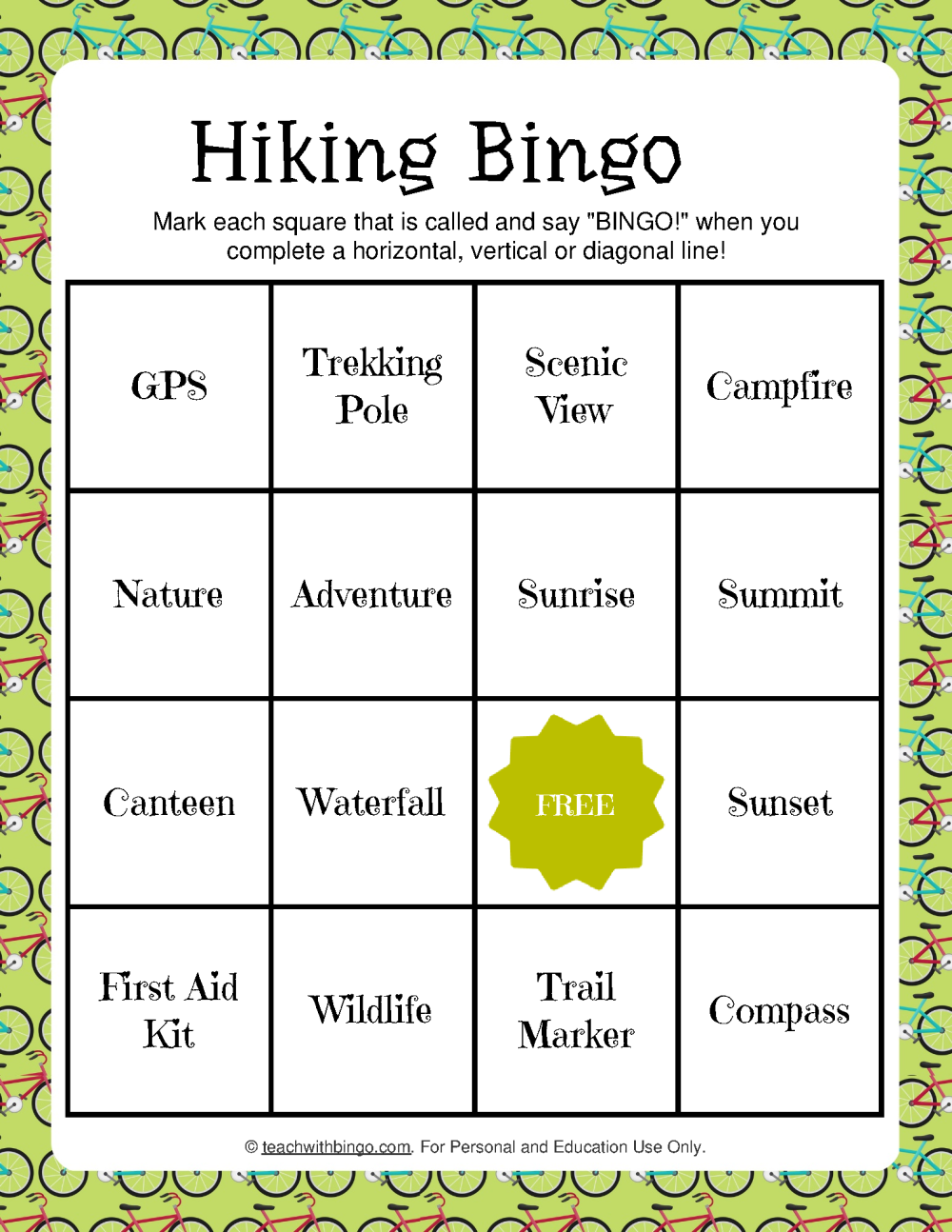 Hiking Bingo 🥾 Printable Bingo Cards | TeachwithBingo.com