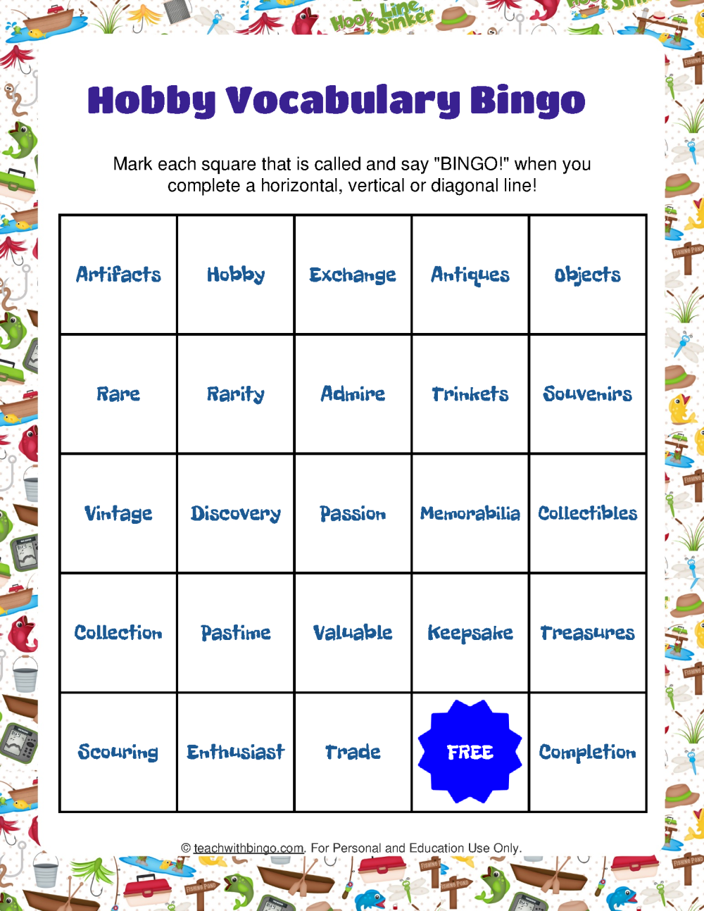 Hobby Vocabulary Bingo 🔍 Printable Bingo Cards | TeachwithBingo.com