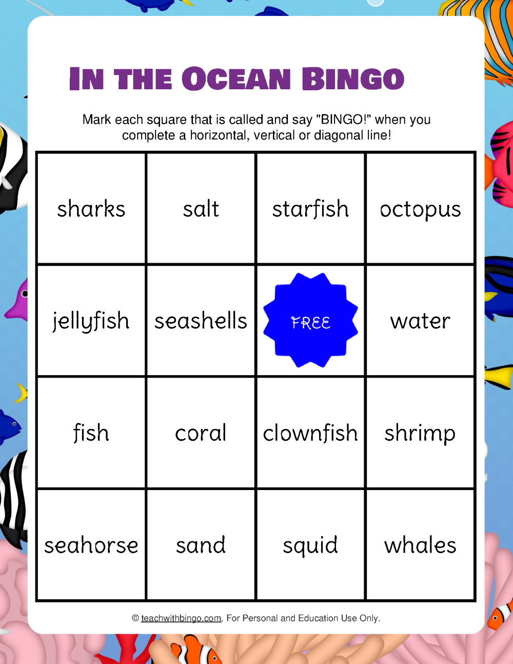 In the Ocean Bingo🌊 Printable Bingo Cards | TeachwithBingo.com