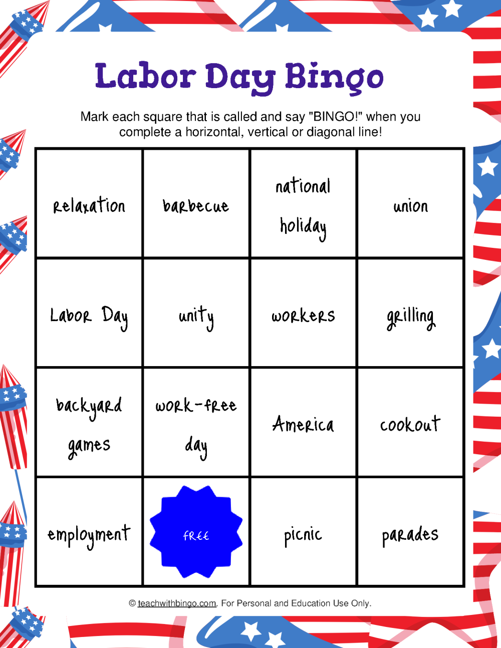 Labor Day Bingo 🤩 Printable Bingo Cards | TeachwithBingo.com