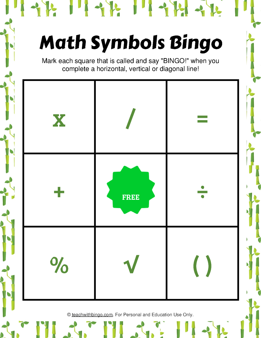Math Symbols Bingo Printable Bingo Cards | TeachwithBingo.com