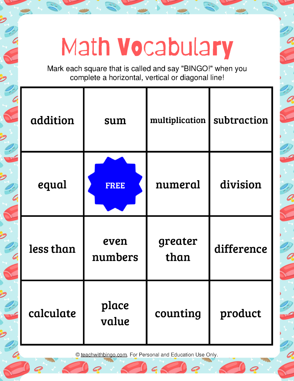 Math Vocabulary Printable Bingo Cards | TeachwithBingo.com