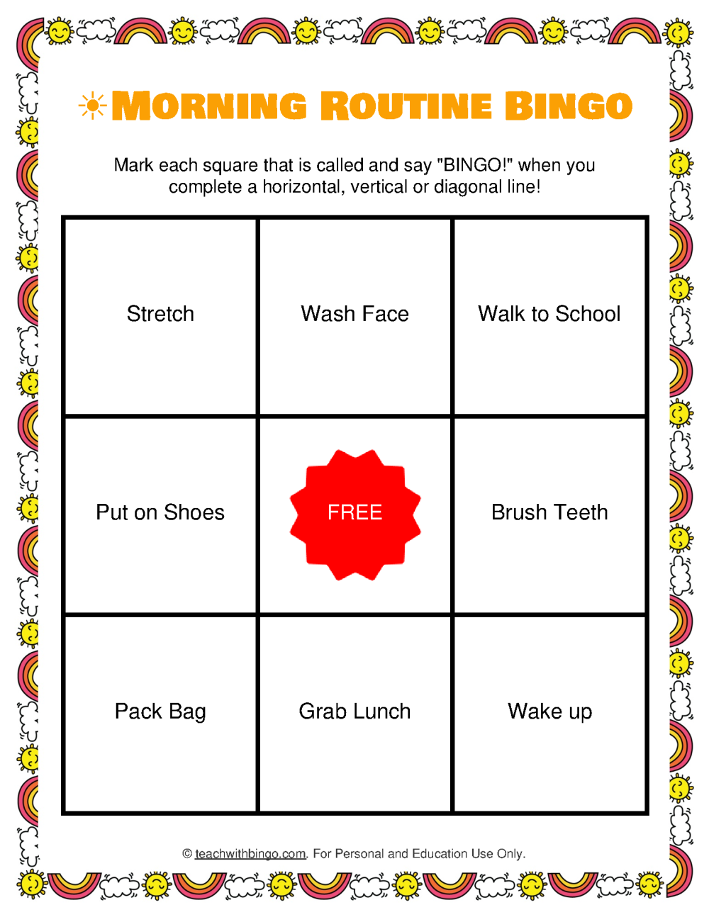 ☀️Morning Routine Bingo Printable Bingo Cards | TeachwithBingo.com