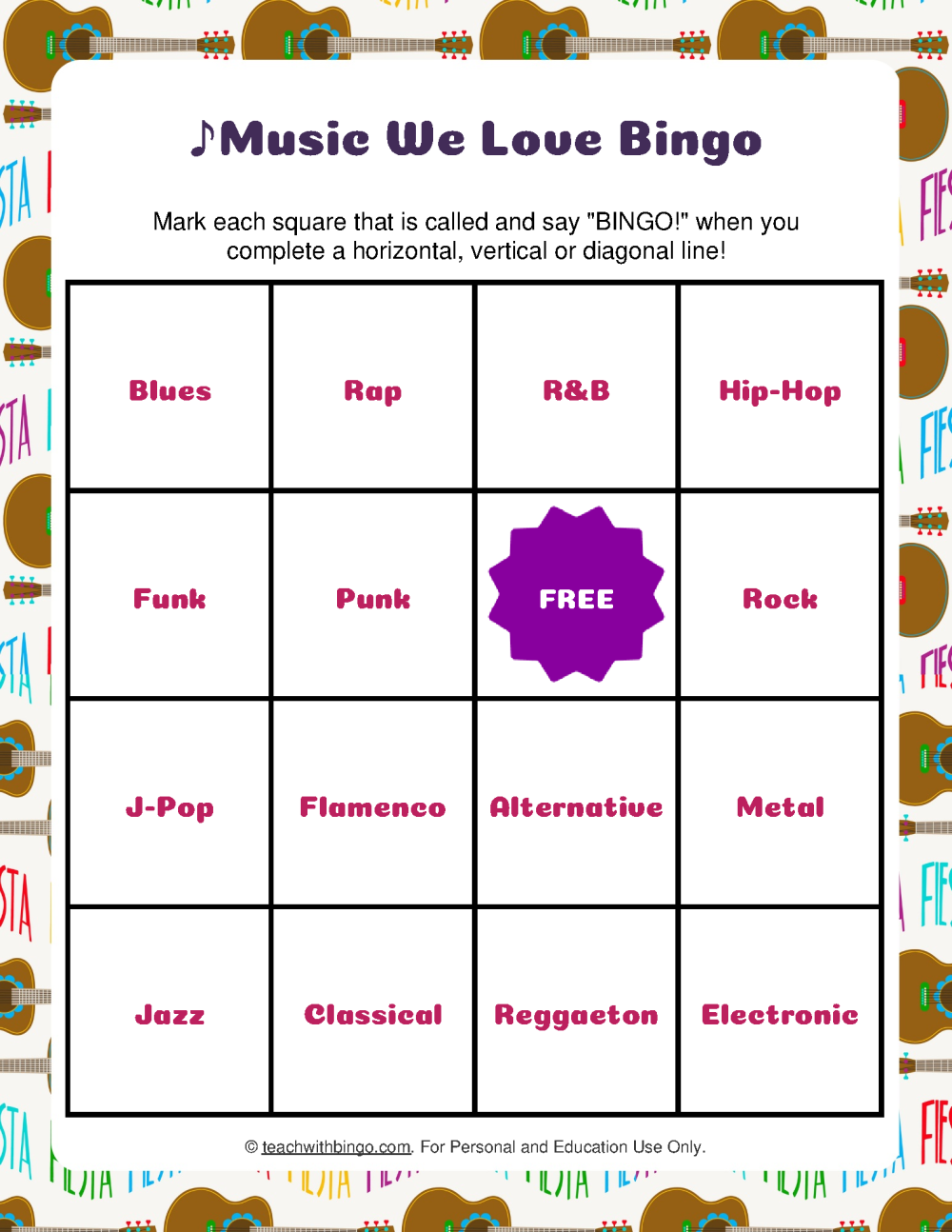 🎵Music We Love Bingo Printable Bingo Cards | TeachwithBingo.com