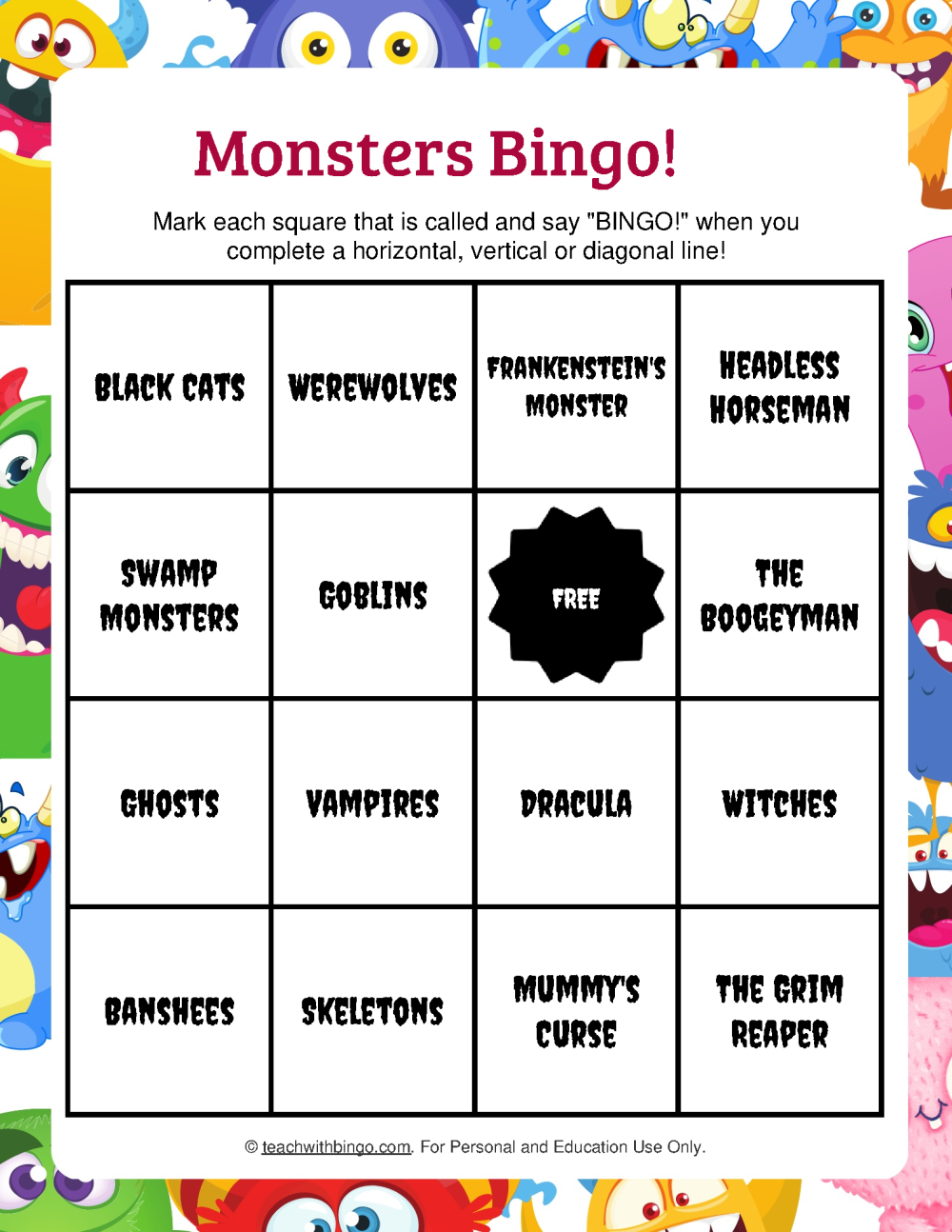 Monsters Bingo! 👹 Printable Bingo Cards | TeachwithBingo.com