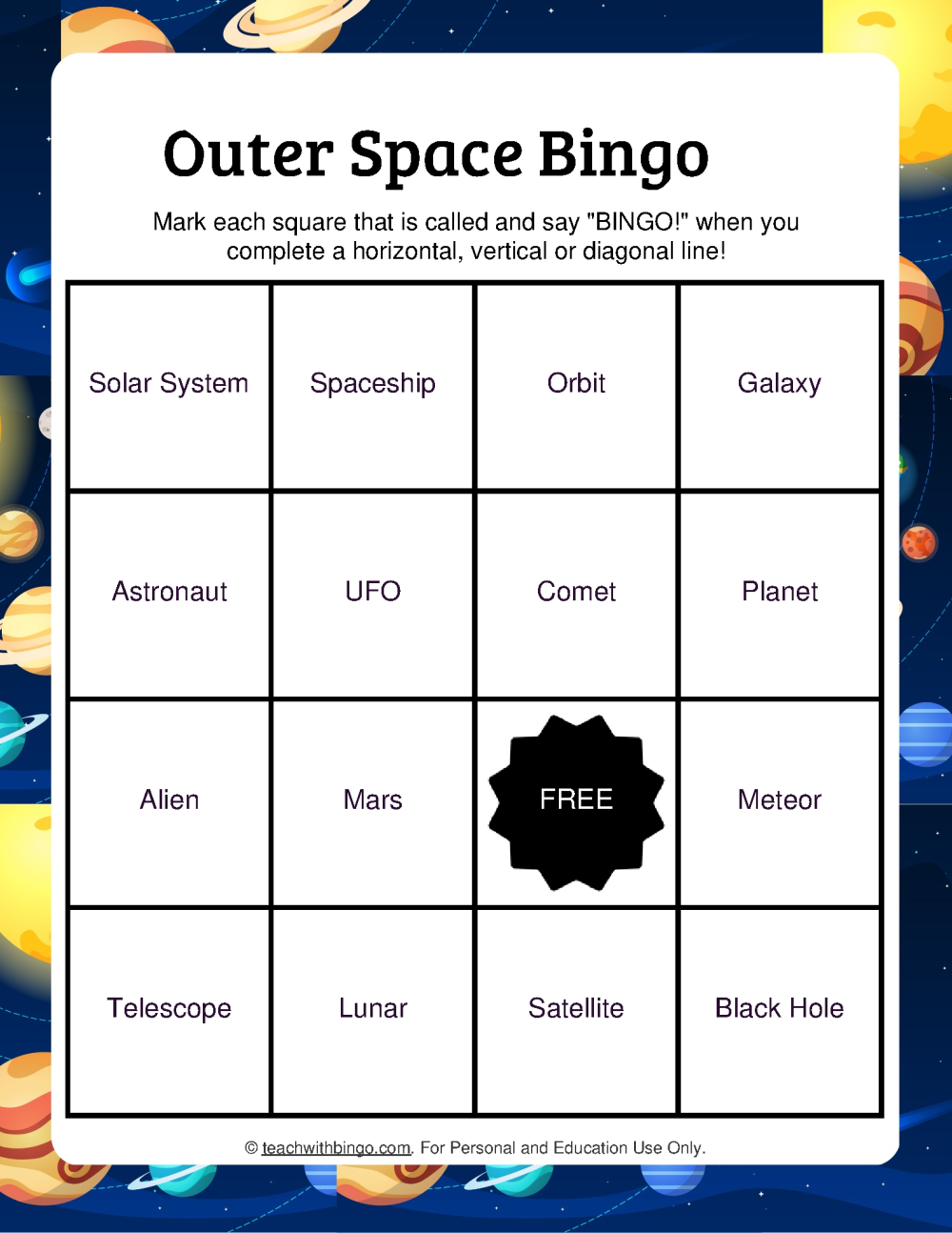 Outer Space Bingo 👽 Printable Bingo Cards | TeachwithBingo.com