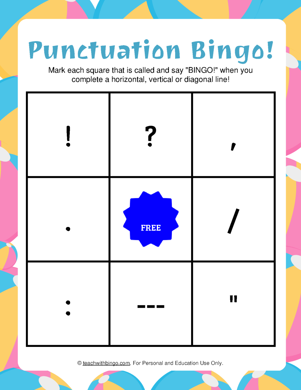 Punctuation Bingo! Printable Bingo Cards | TeachwithBingo.com