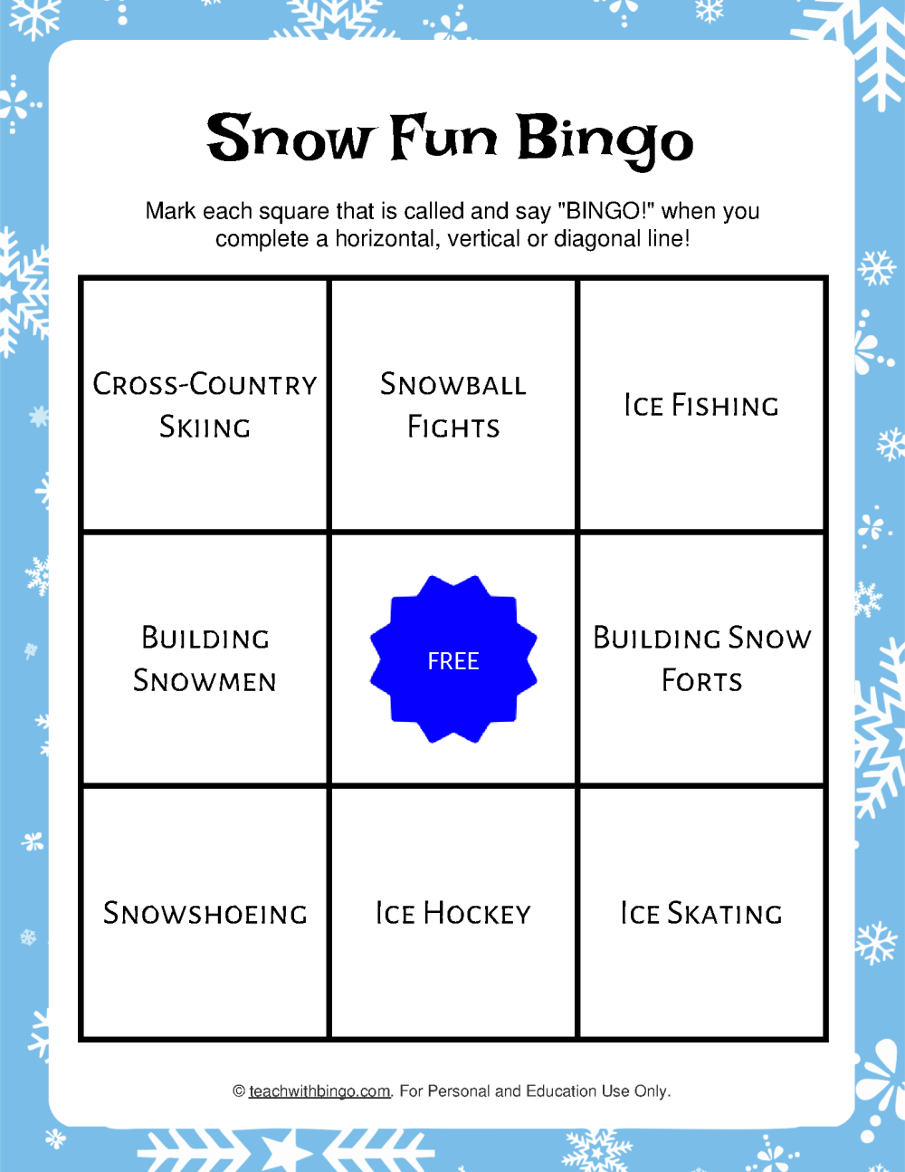 🎿Snow Fun Bingo⛄ Printable Bingo Cards | TeachwithBingo.com