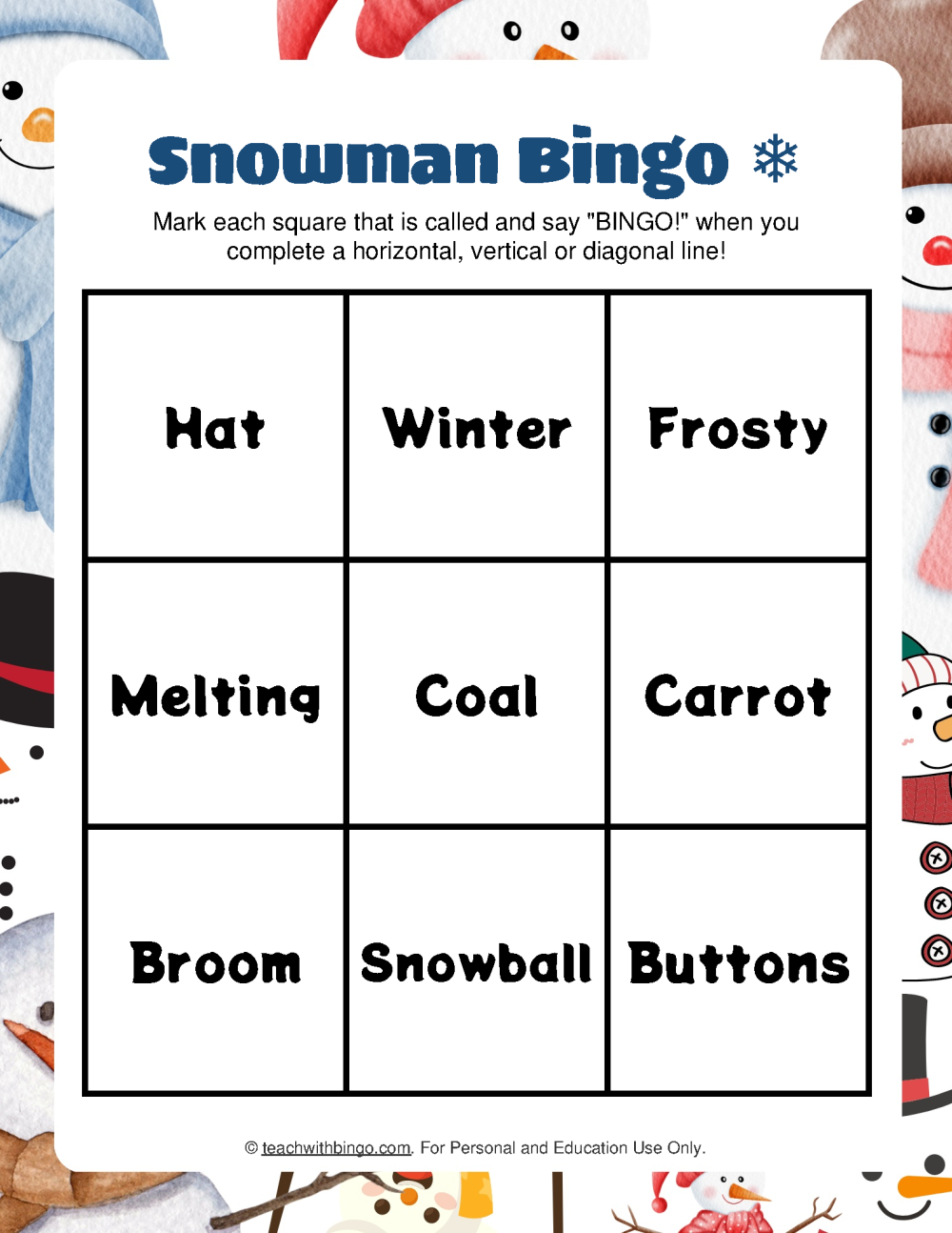 Snowman Bingo ️ Printable Bingo Cards | TeachwithBingo.com