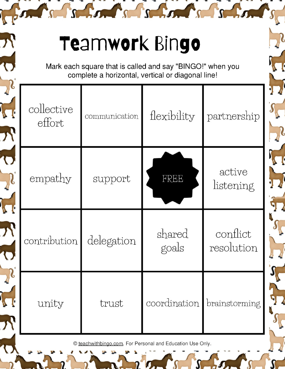 Teamwork Bingo🐎 Printable Bingo Cards | TeachwithBingo.com