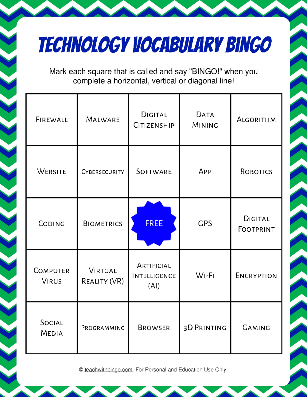 Technology Vocabulary Bingo Printable Bingo Cards | TeachwithBingo.com