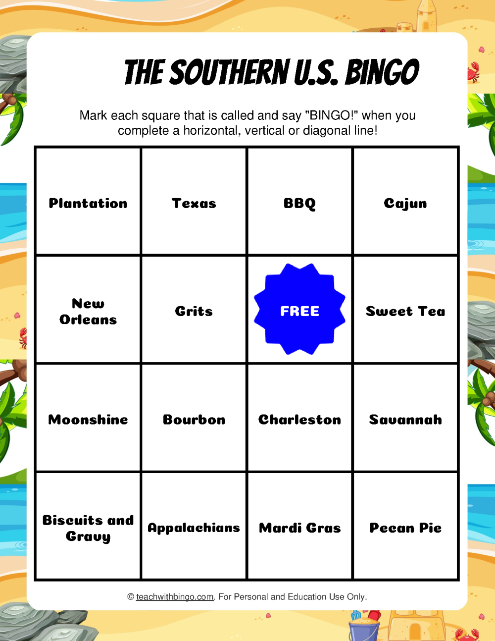 🌊The Southern U.S. Bingo Printable Bingo Cards | TeachwithBingo.com