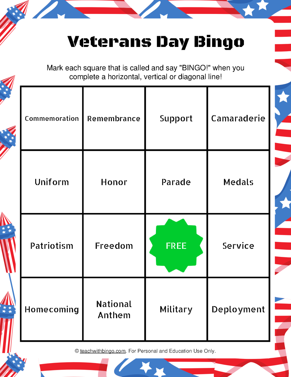🪖Veterans Day Bingo Printable Bingo Cards | TeachwithBingo.com
