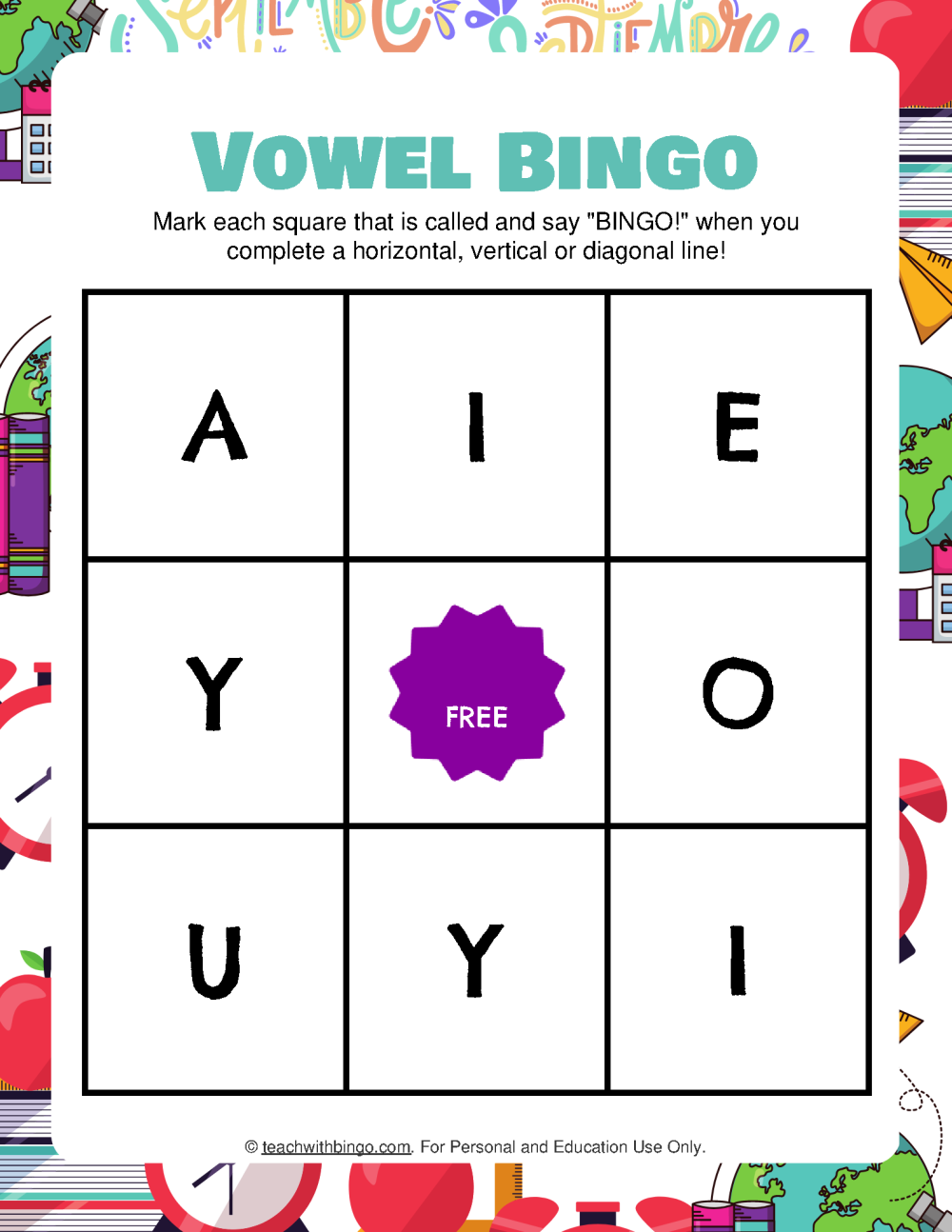 Vowel Bingo Printable Bingo Cards | TeachwithBingo.com